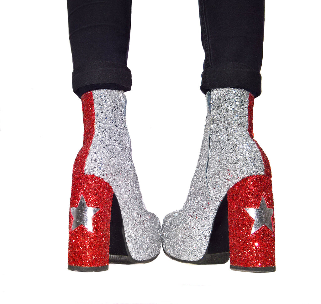 Vegan or Leather STARDUST Platform Ankle Boots Black with Silver Stars ...